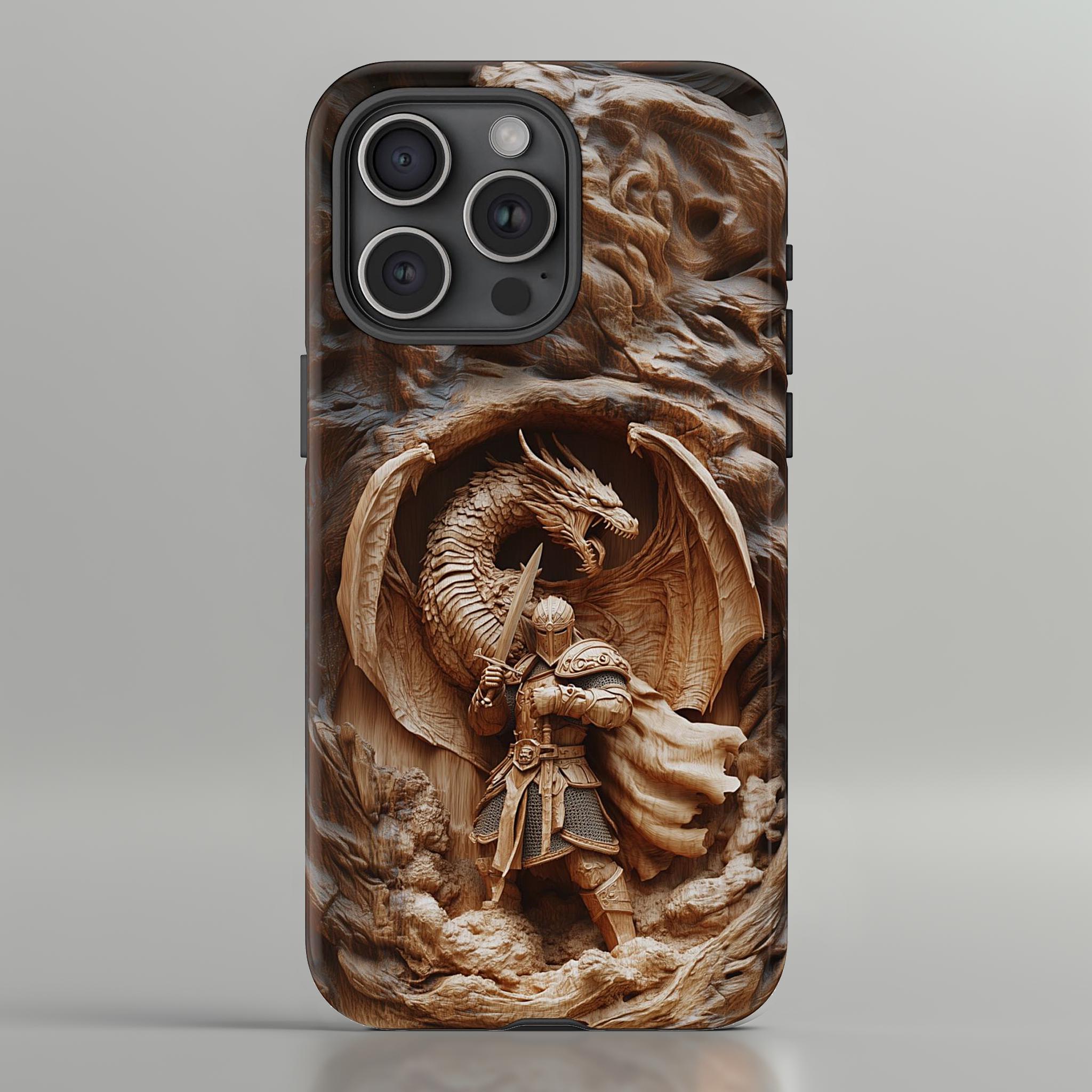 Medieval Knight Slaying Dragon Phone Case, Faux 3D Wood Carving Phone ...
