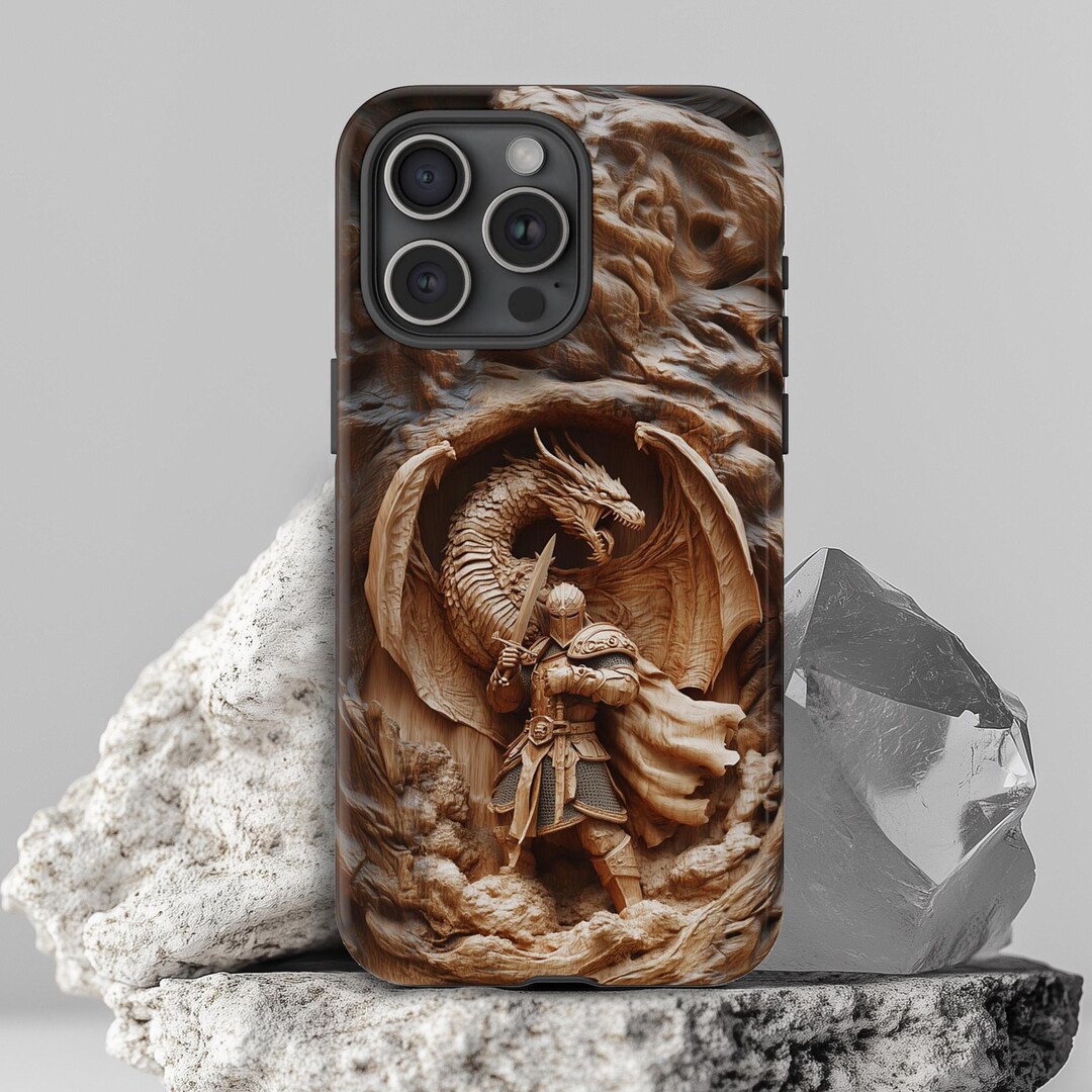 Medieval Knight Slaying Dragon Phone Case, Faux 3D Wood Carving Phone ...