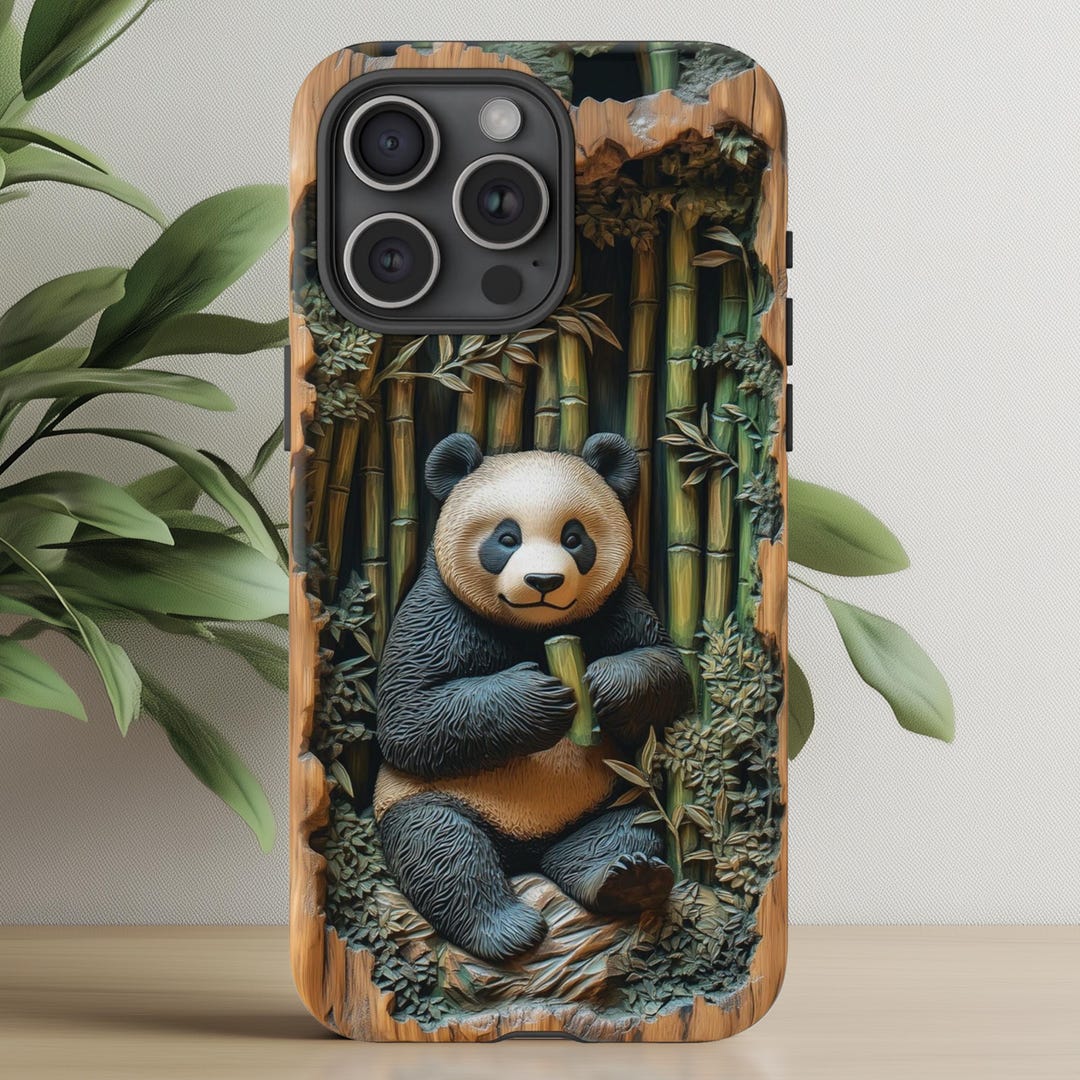3D Panda Phone Case, Faux Carved Wood Style Print, Bamboo Forest Design ...