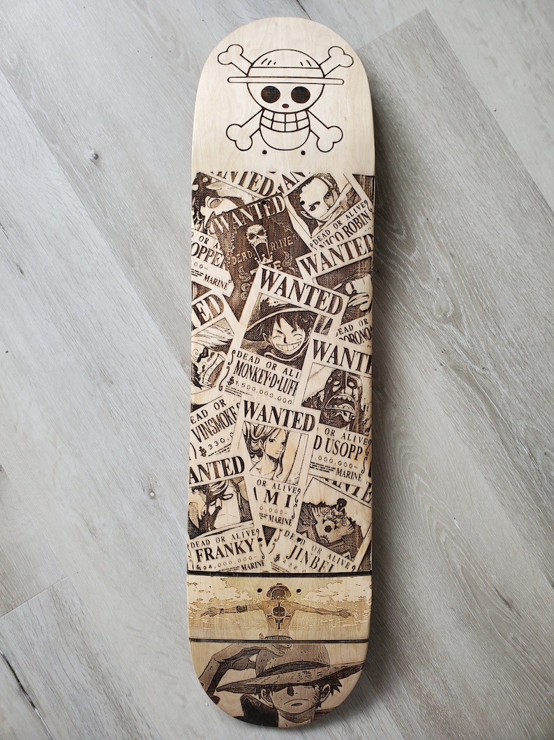 One Piece Wanted Collage Laser Engraved Custom Skateboard Wall Art ...