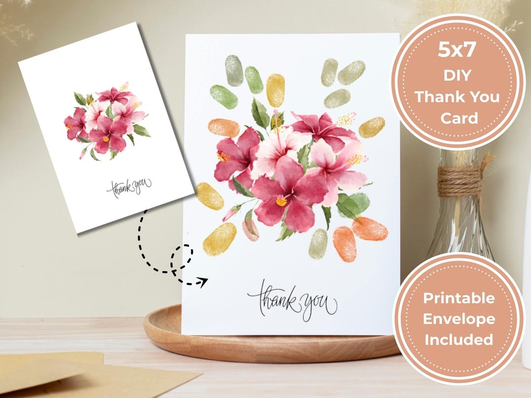 DIY Fingerprint Floral Thank You Card: Printable 5x7 With Envelope (PDF ...