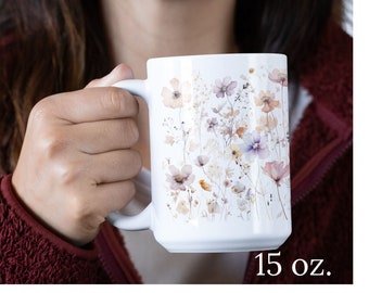 Boho Wildflower Cottagecore Coffee Mug, Pressed Flowers Mug, Pastel ...
