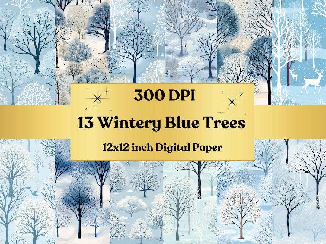 Printable Wintery Blue Tree Digital Paper, Christmas Ephemera, Fantasy ...