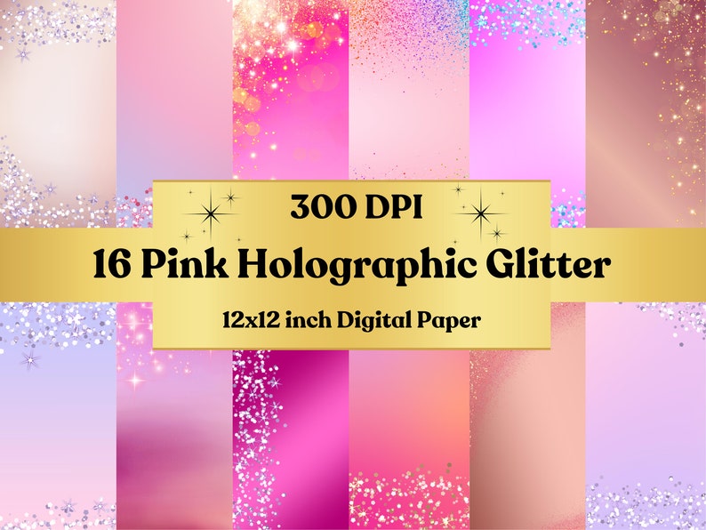 Pink Holographic Glitter Digital Paper, Printable Scrapbook Paper ...