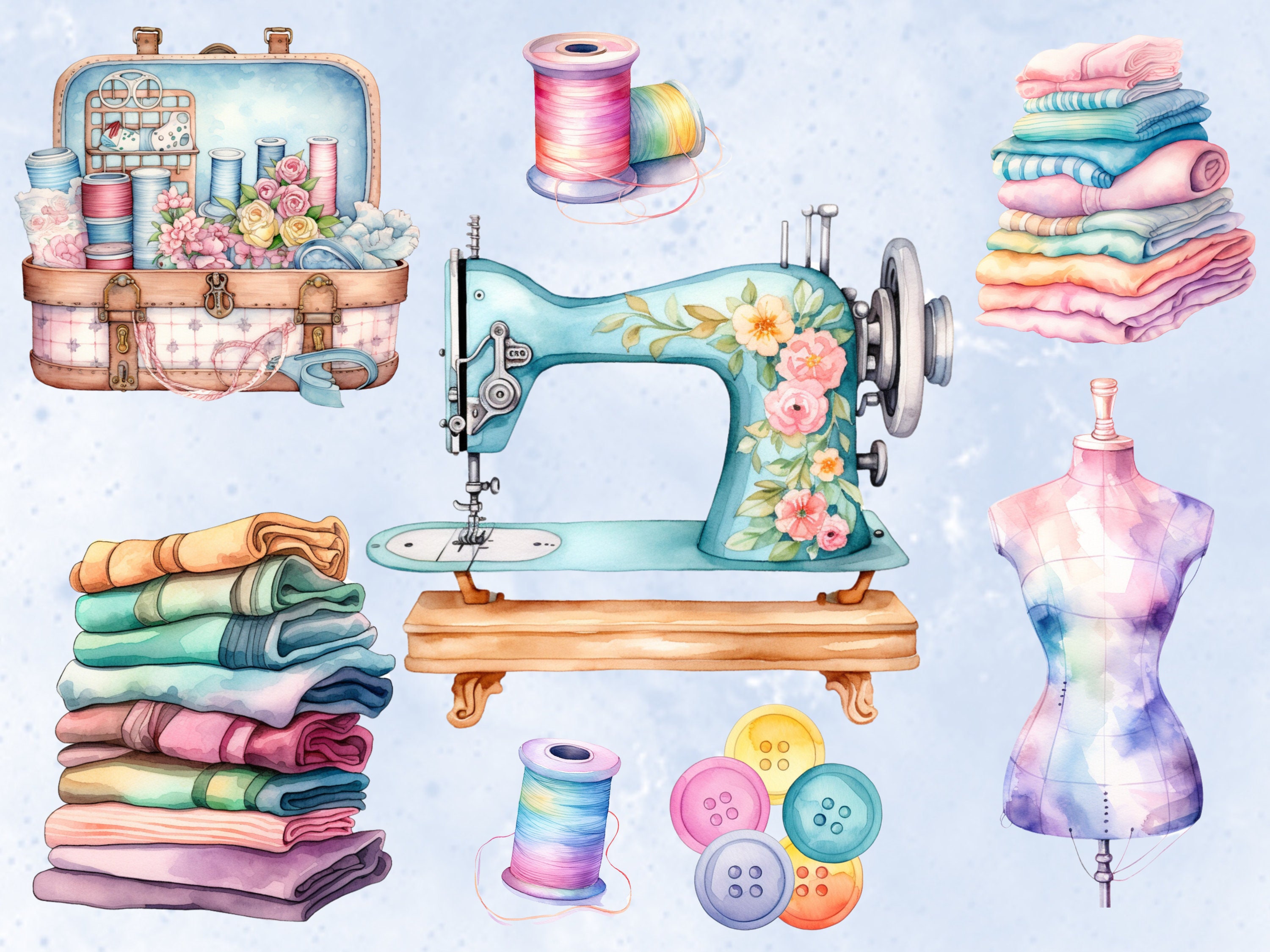 Watercolor Sewing Clipart Bundle, Sewing Machines Clipart, Shabby Chic ...