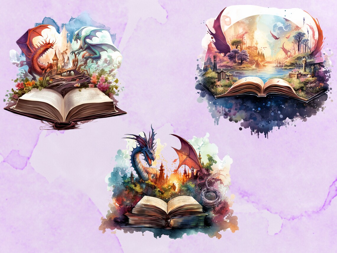 40 PNG Watercolor Dragon Clipart, Open Book Fantasy Clip Art, Castle ...