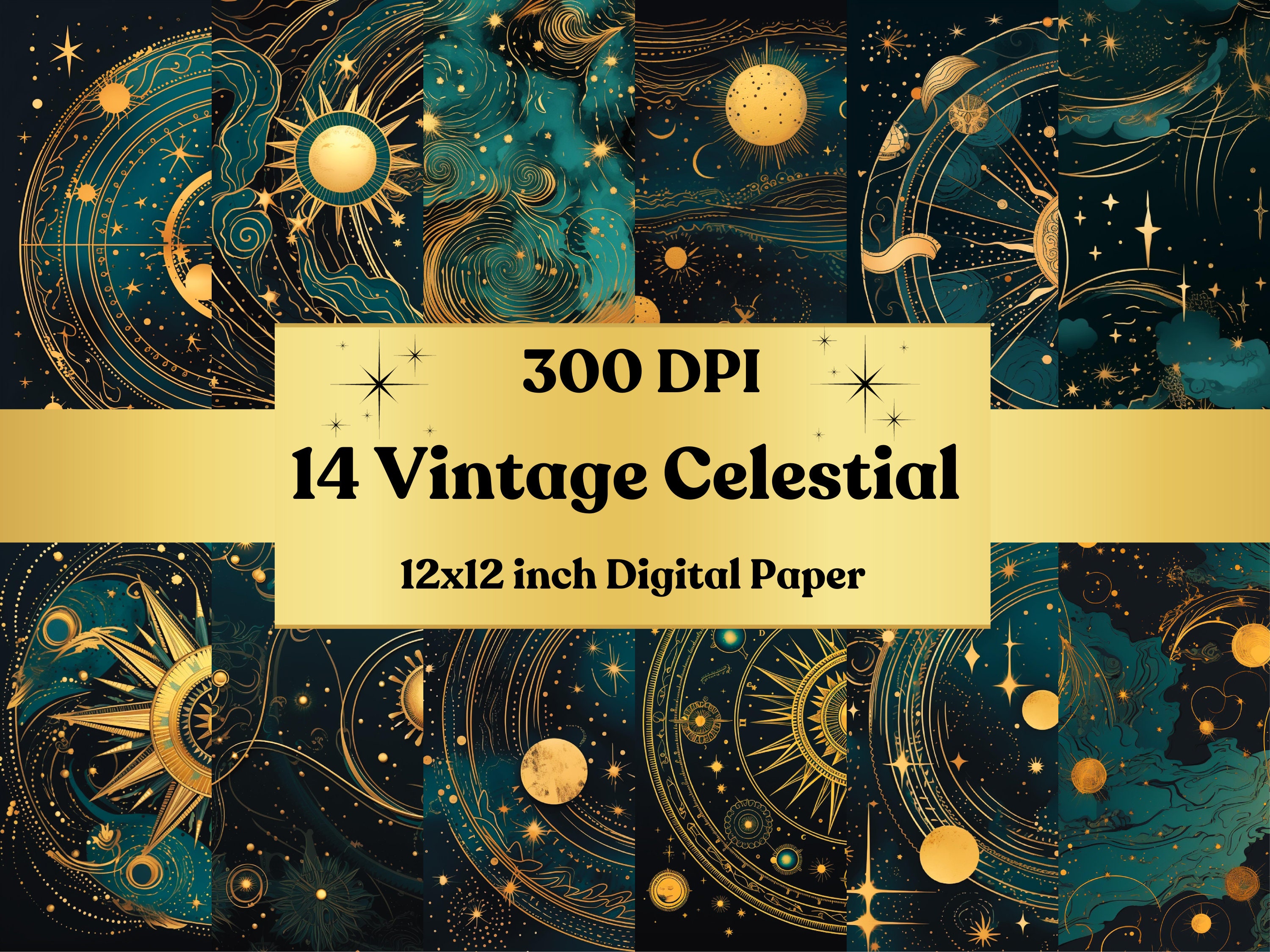 Vintage Celestial Digital Paper, Celestial Patterns, Night Stars Paper ...