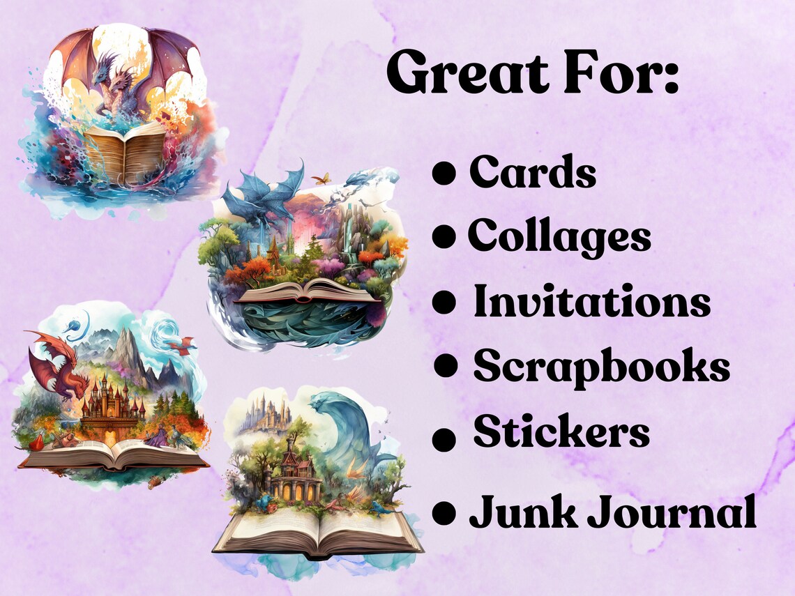 40 PNG Watercolor Dragon Clipart, Open Book Fantasy Clip Art, Castle ...