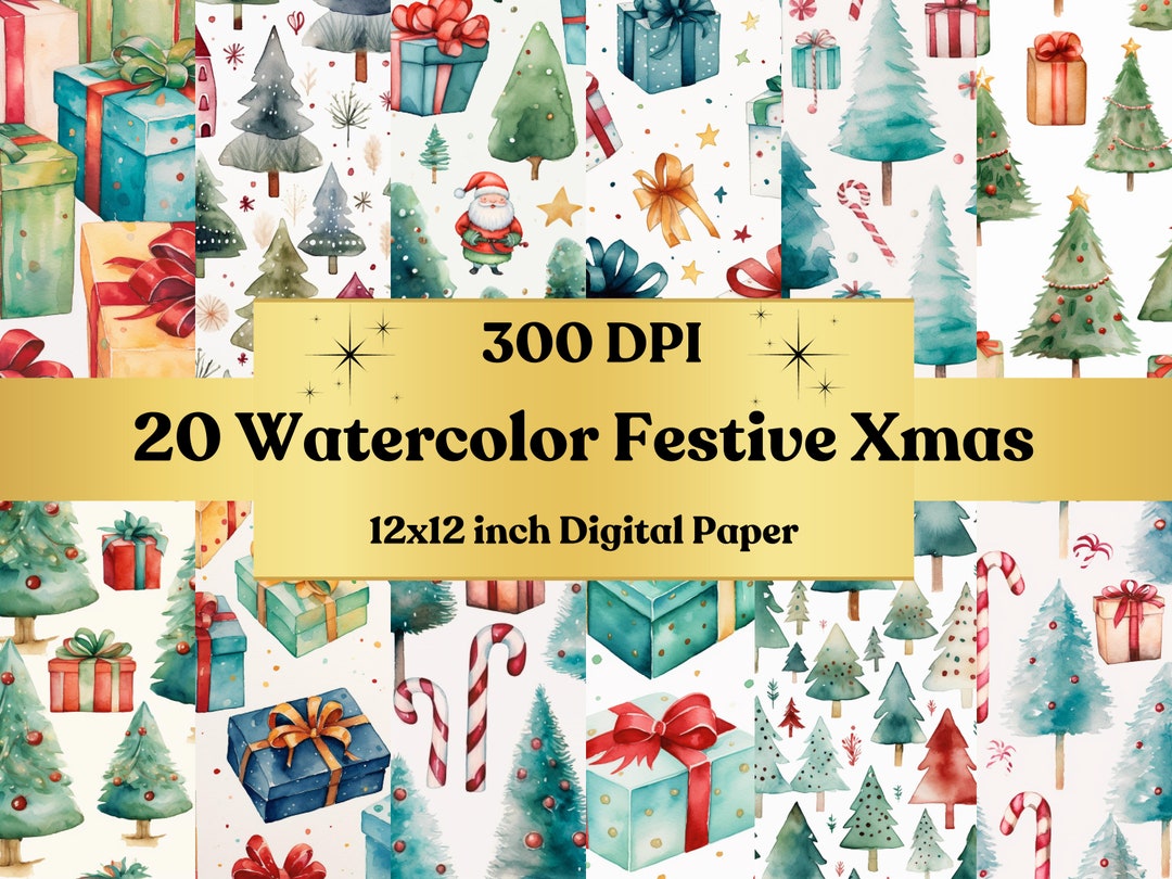 Watercolor Festive Xmas Digital Printable Paper, Christmas Ephemera ...