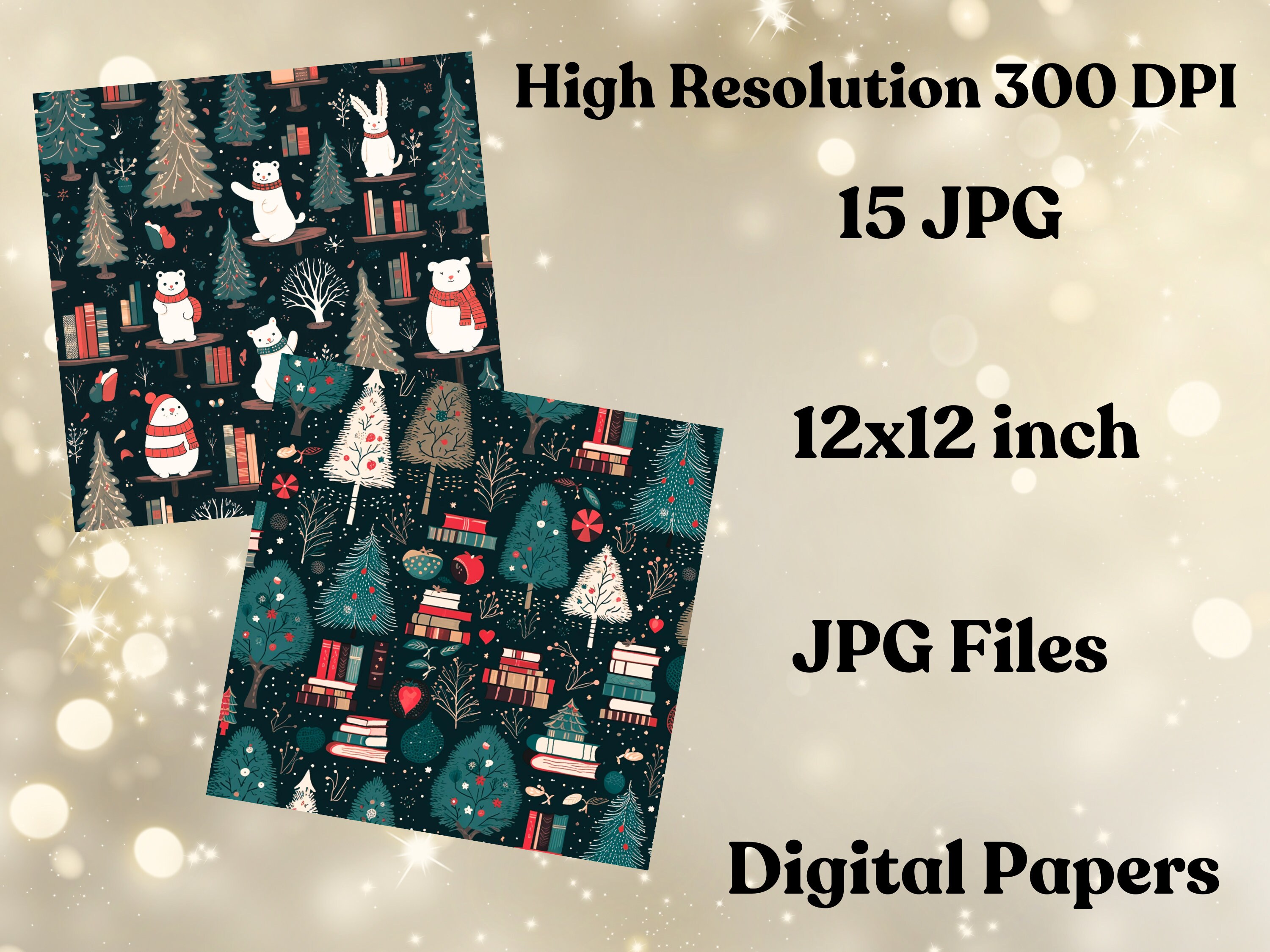 Book Theme Christmas Digital Paper, Festive Book Scrapbook Paper, Book ...
