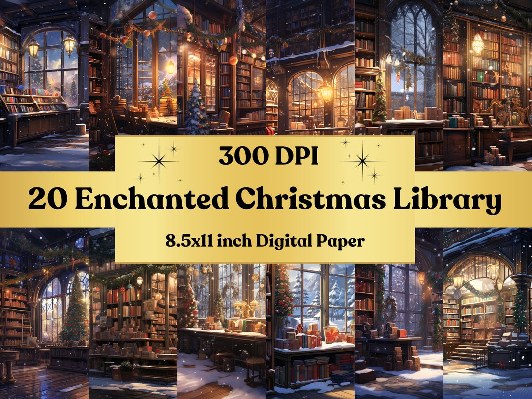 Printable Enchanted Christmas Library, Fantasy Library, Winter Ephemera ...