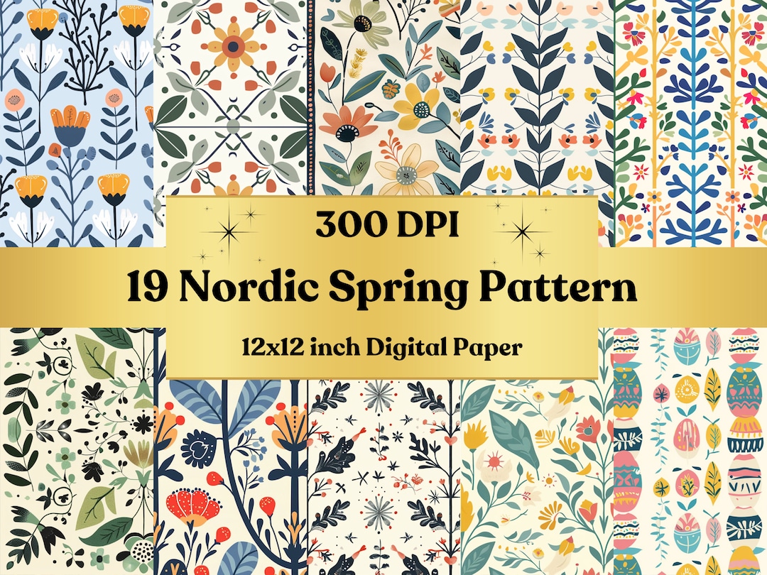 Printable Spring Folk Art Digital Paper, Ephemera Collage, Scandinavian ...