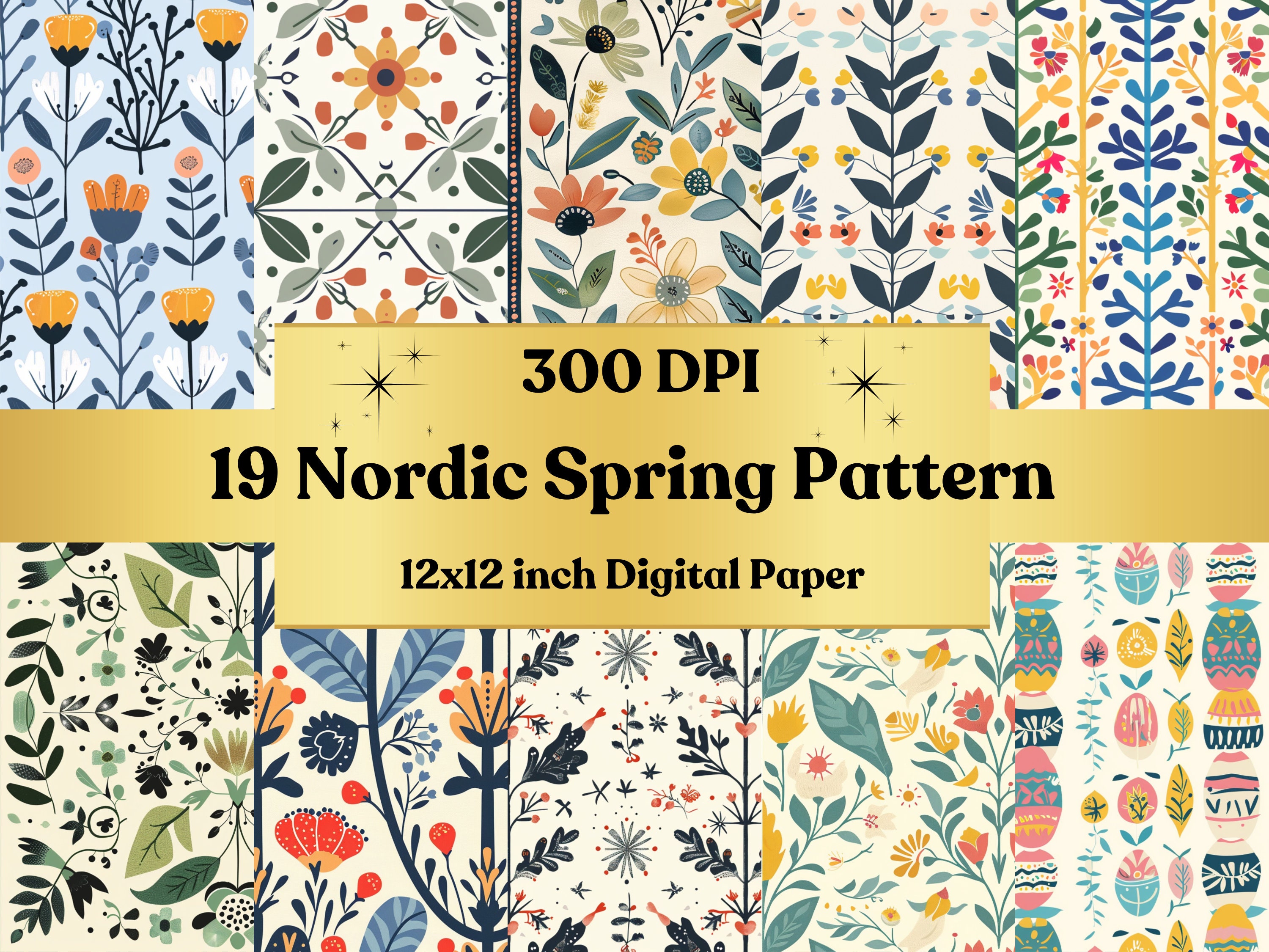 Printable Spring Folk Art Digital Paper, Ephemera Collage, Scandinavian ...
