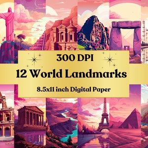 Digital Printable Paper Pack 12 World Landmarks in Pink Hues, Machu ...
