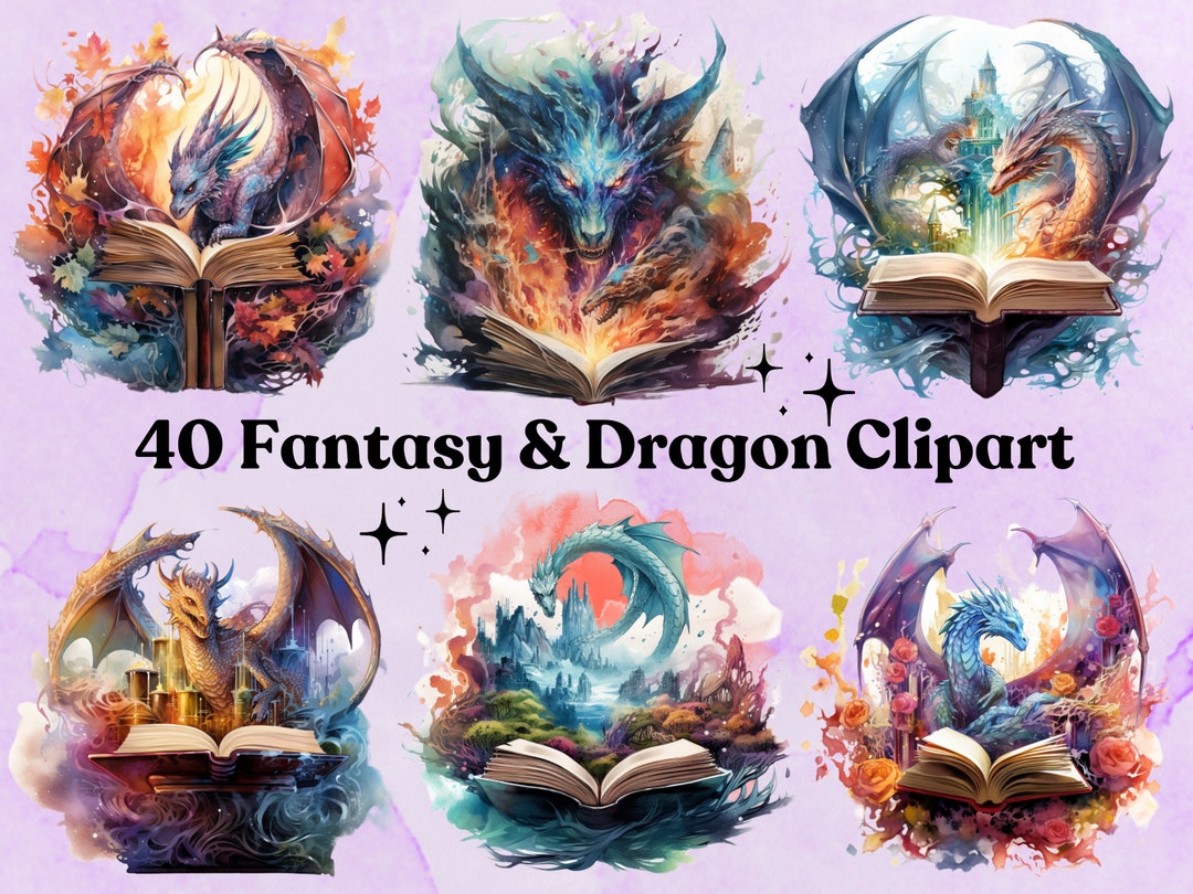 40 PNG Watercolor Dragon Clipart, Open Book Fantasy Clip Art, Castle ...