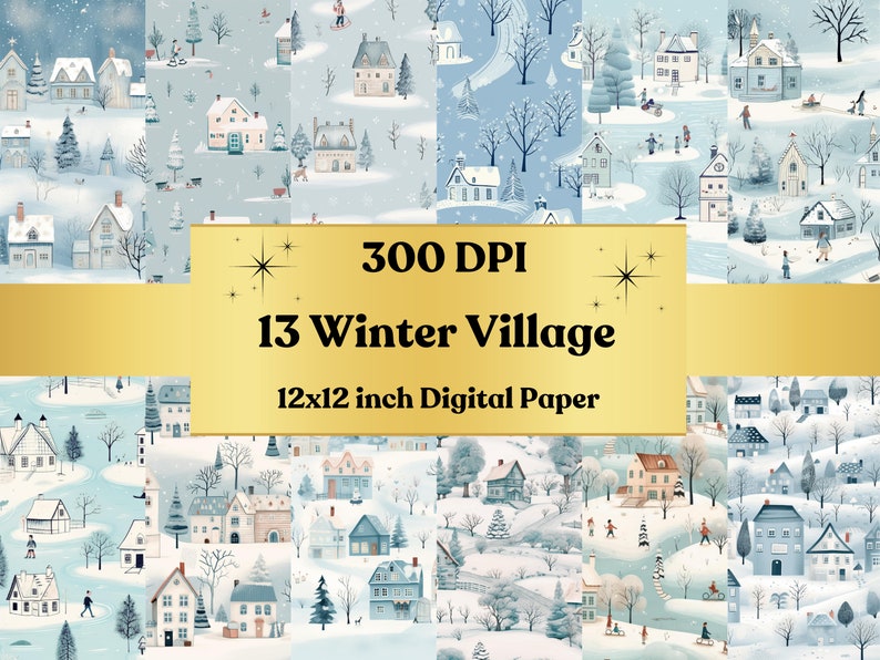 Printable Winter Village Digital Paper Pack, Christmas Ephemera ...