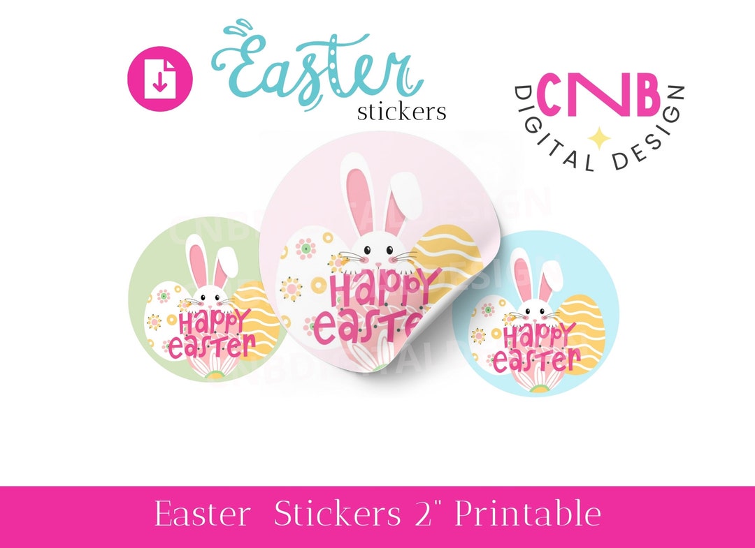 Printable Happy Bunny Easter Round Sticker, Easter Bunny Gift Tags ...