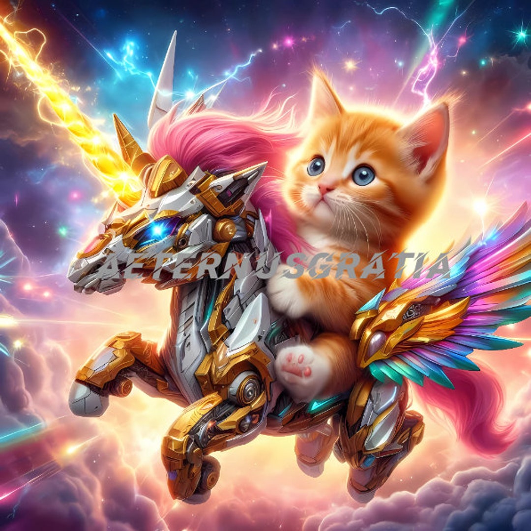 Cute Mischievous Destructive Kitten Riding Unicorn - Etsy
