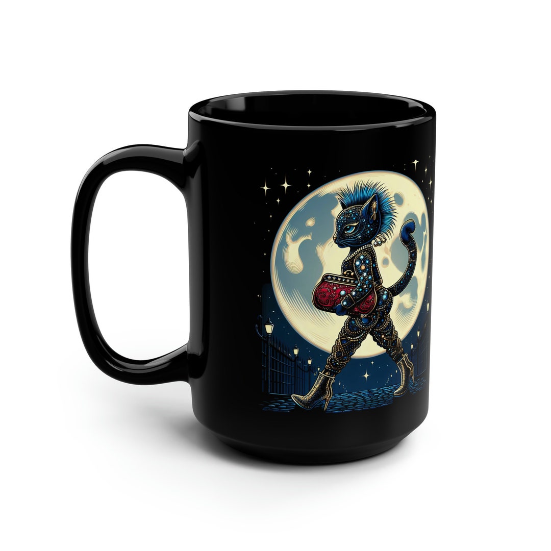 15 Oz Mug, Glamour Cat, Punk Rock Art Print, Black Ceramic Glossy ...