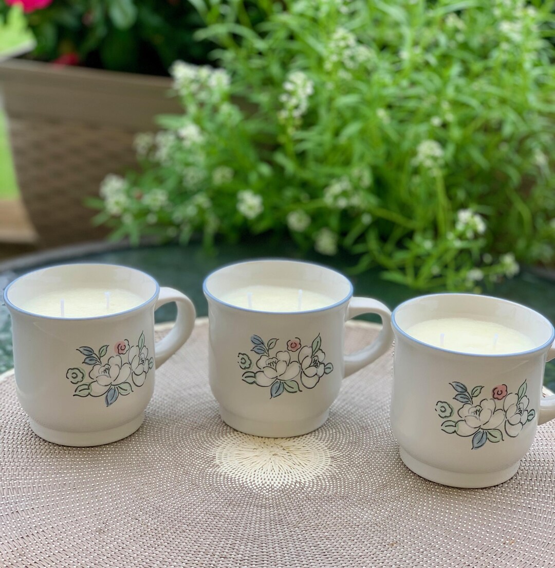 Repurposed. Natural Soy Flower Mug Candle. Double Wick. Re-useable Cup ...