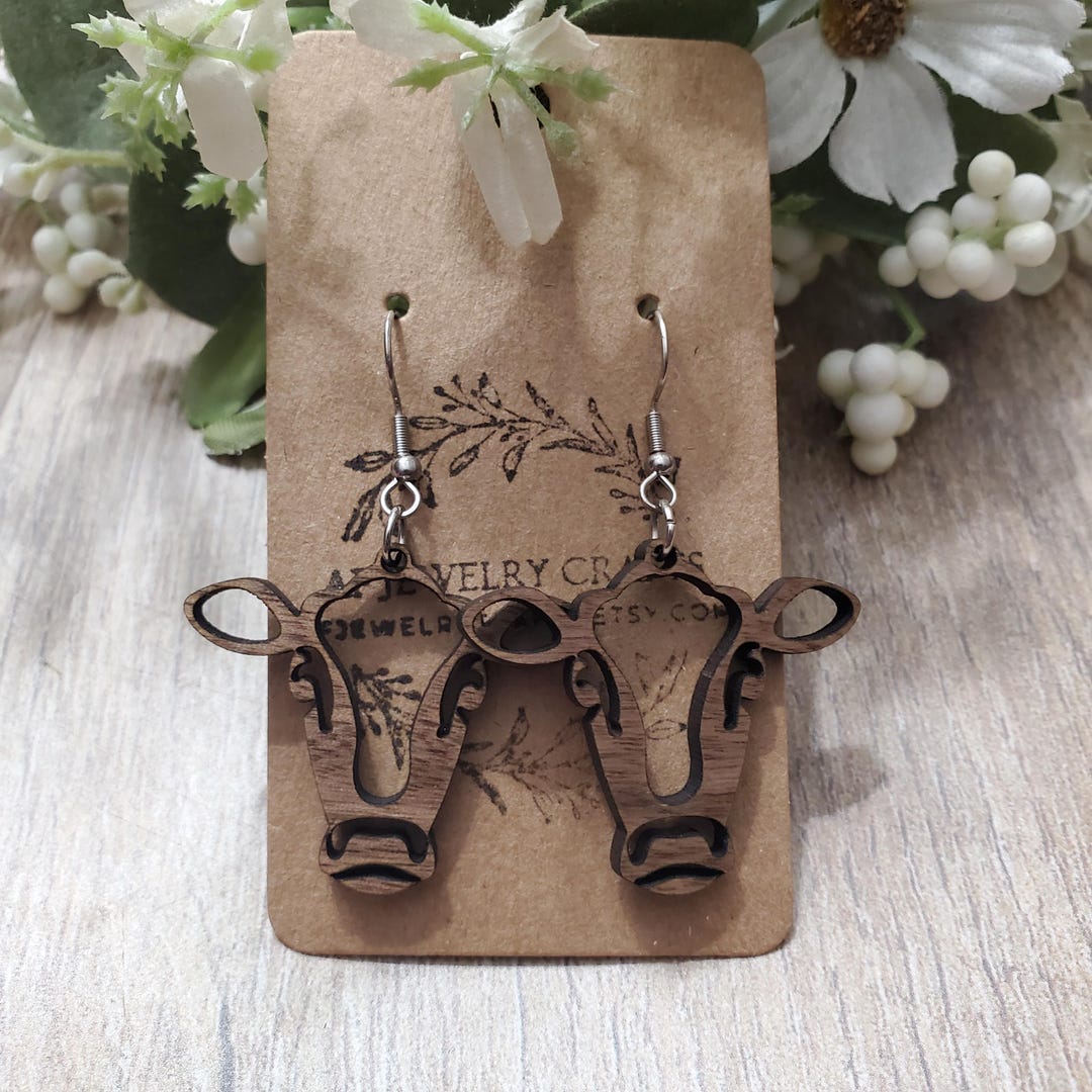 Farm Animal Cow Head Wood Earrings Boho Farmhouse Dangle Gift - Etsy