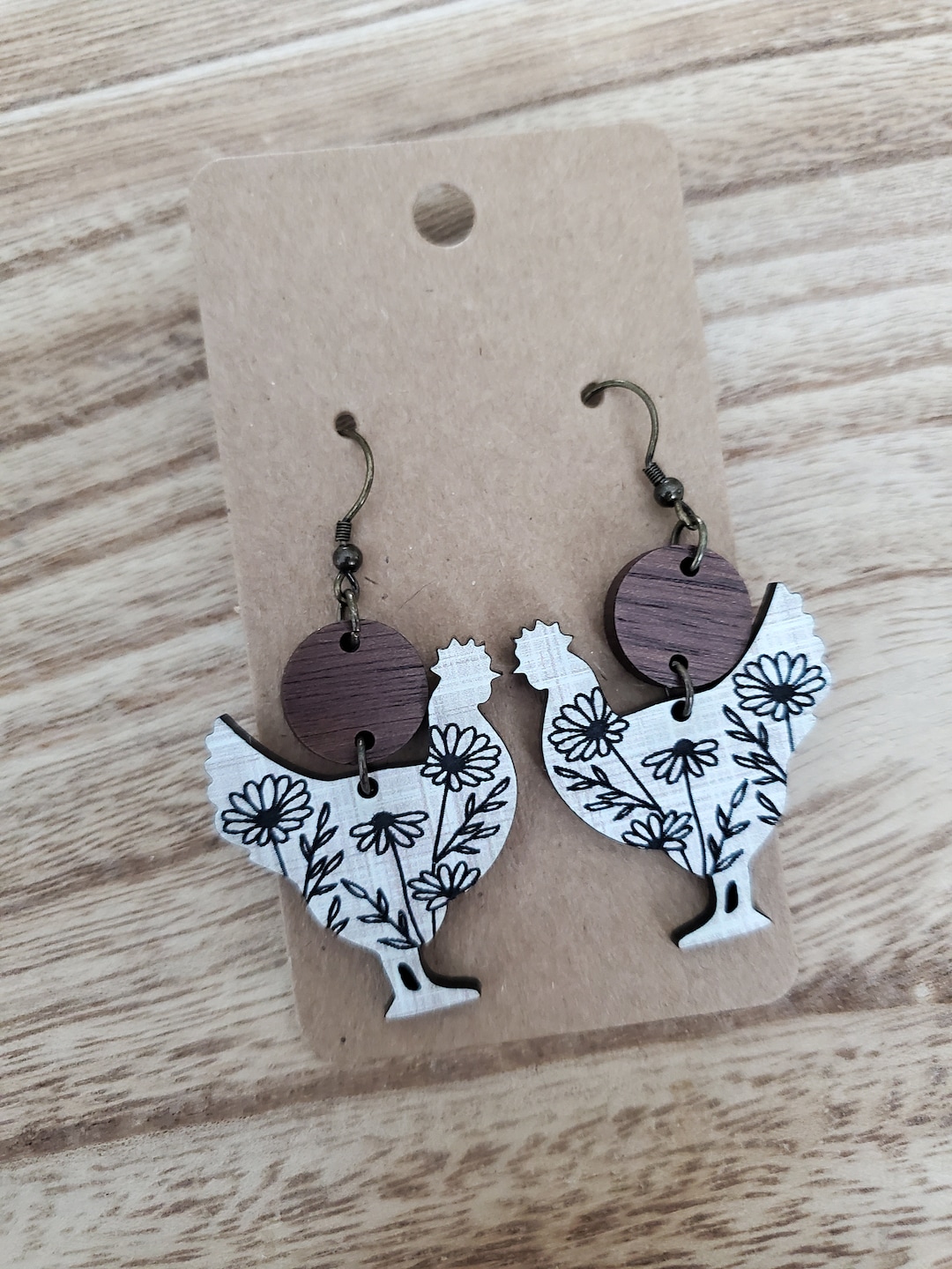 Floral Engraved Chicken Acrylic Wood Earrings Boho Farmhouse Dangle ...