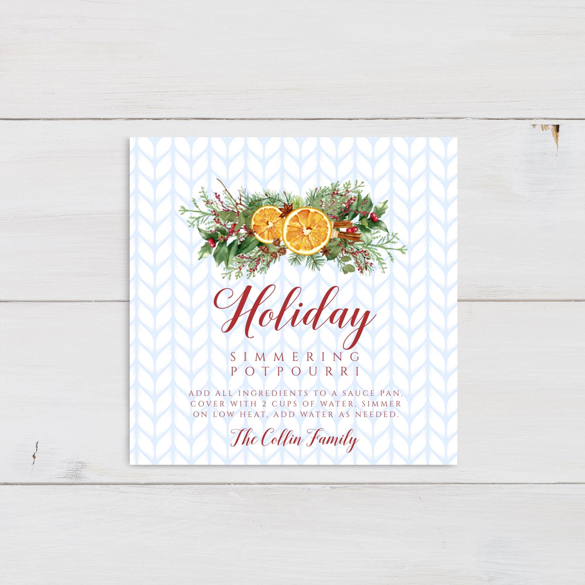 Holiday Simmering Potpourri Tag Simmer Potpourri Printable Tag Editable ...