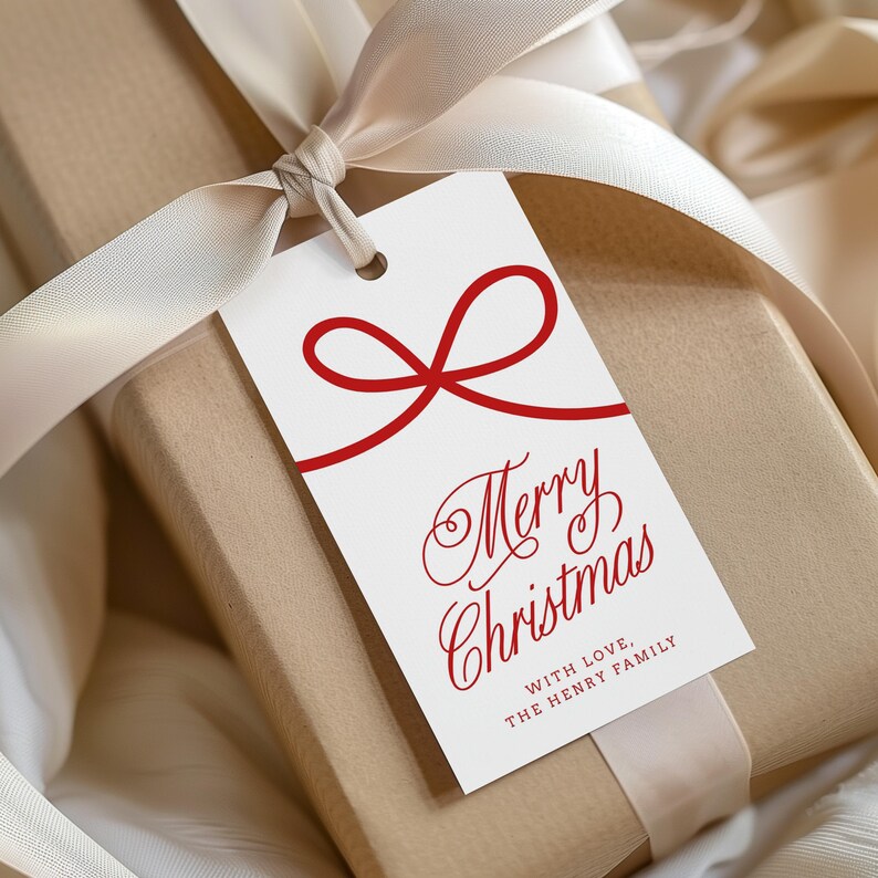 Bow Christmas Gift Tags, Bow Holiday Tag, Printable Bow Christmas Tag ...