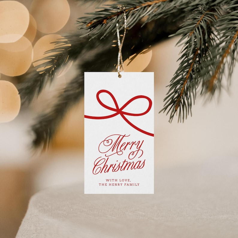 Bow Christmas Gift Tags, Bow Holiday Tag, Printable Bow Christmas Tag ...