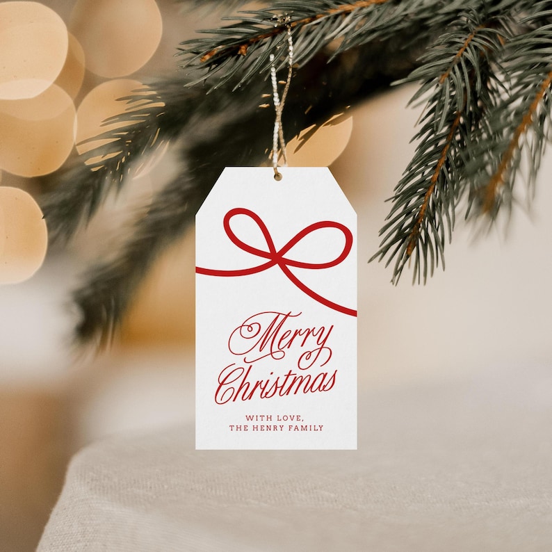 Bow Christmas Gift Tags, Bow Holiday Tag, Printable Bow Christmas Tag ...
