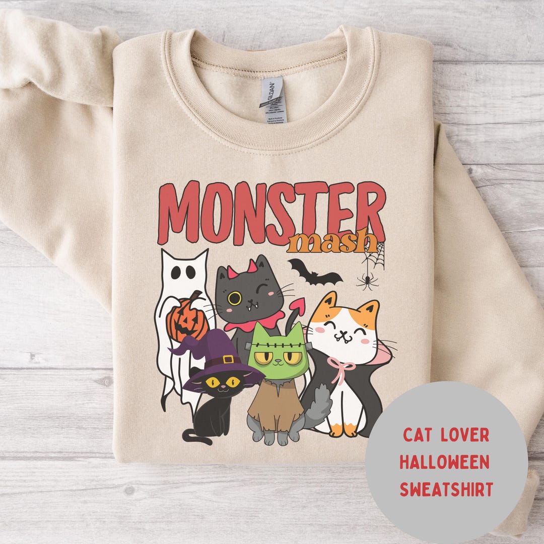 Halloween Monster Mash Cats Sweatshirt, Y2K Retro Spooky Sweater, Kitty ...