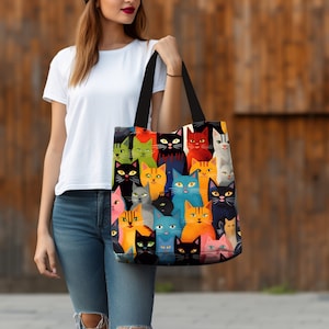 Cats Canvas Tote Bag, Colorful All Over Print Shoulder Bag, Cat Lovers ...