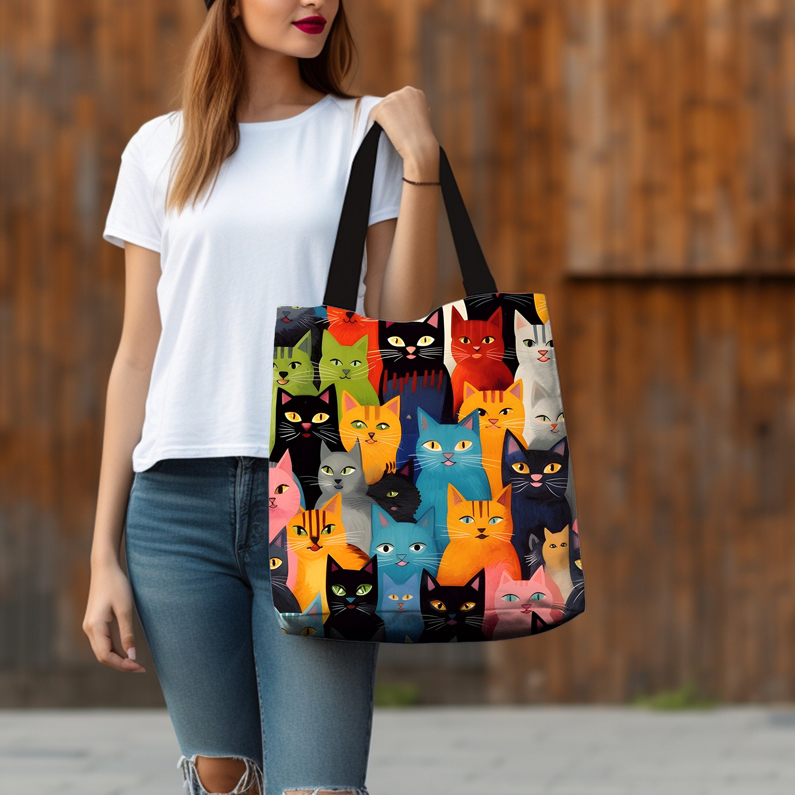 Cats Canvas Tote Bag, Colorful All Over Print Shoulder Bag, Cat Lovers ...