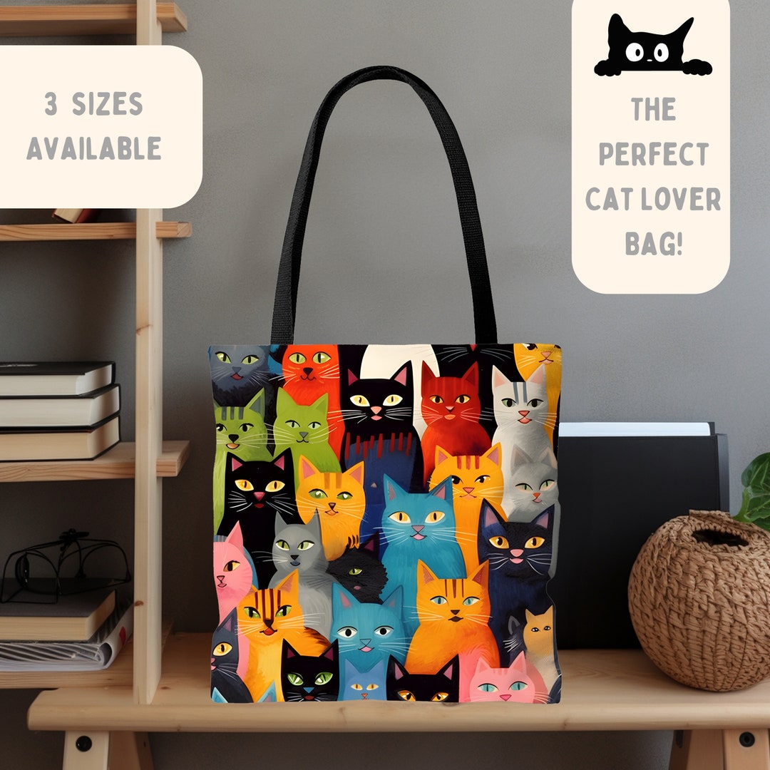 Cats Canvas Tote Bag, Colorful All Over Print Shoulder Bag, Cat Lovers ...