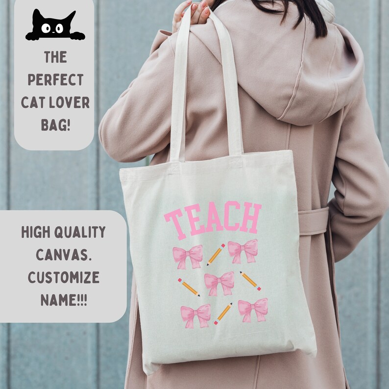 Custom Teacher Name Tote Bag, Coquette Teach Bag, Pink Bow Educator ...