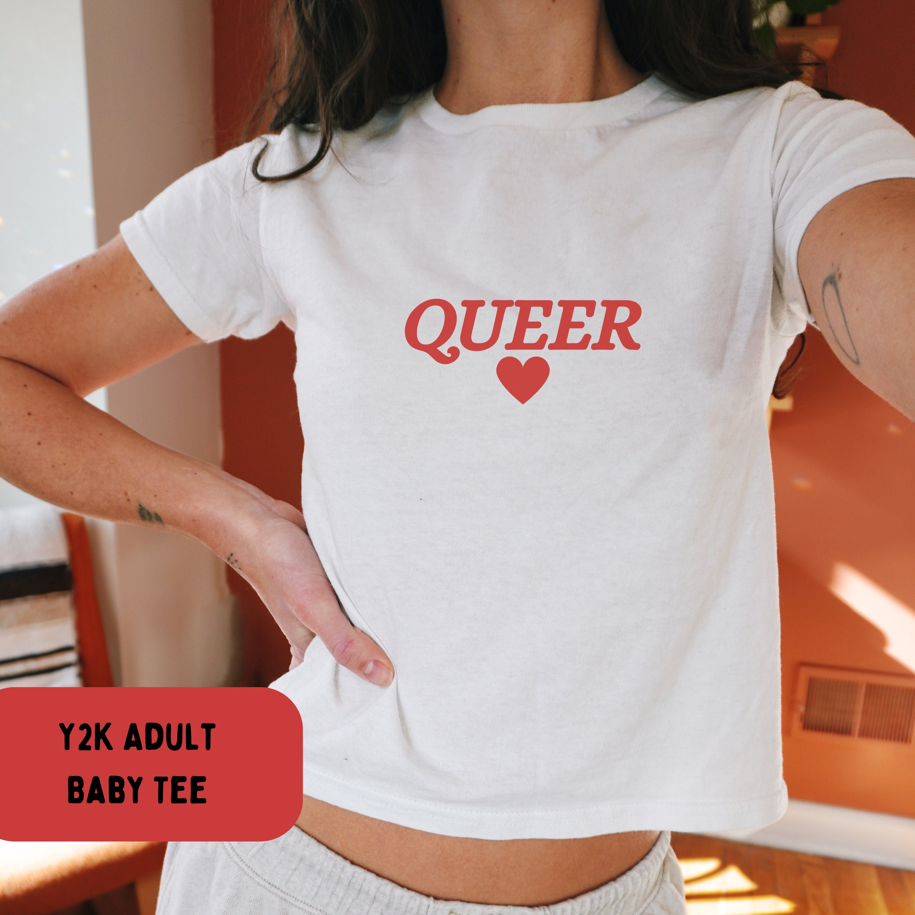 Custom Queer Love Heart Y2K Crop Top. 90's Retro Adult Baby Tee, LGBTQ Queer Non-binary Pride ...