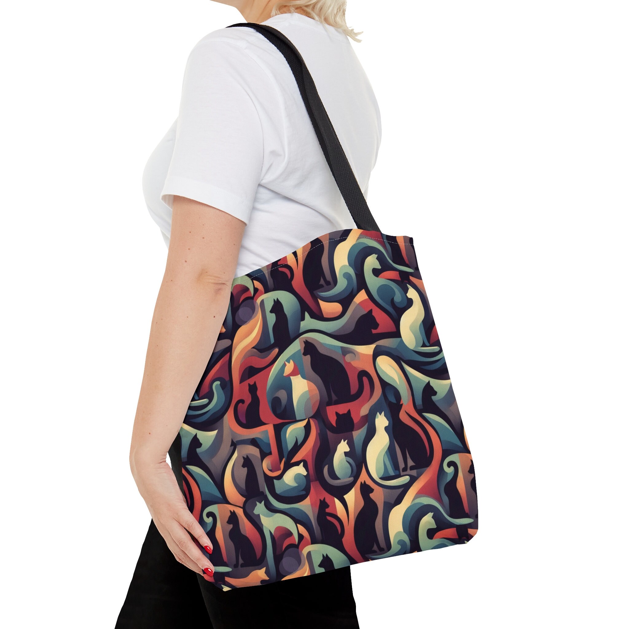 Cat Silhouette Canvas Tote Bag, Colorful AOP Shoulder Bag, Cat Lover ...