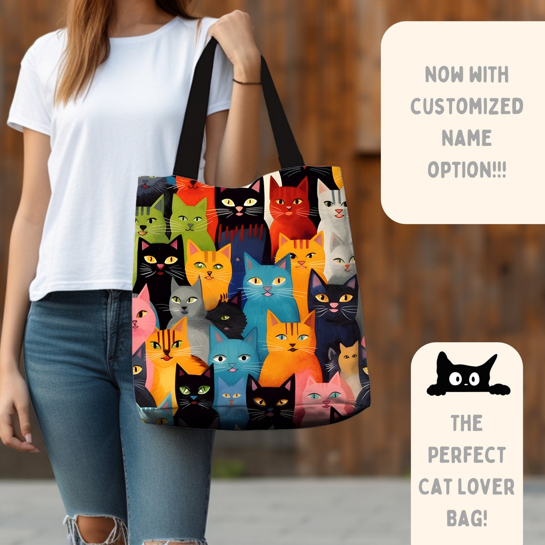 Custom Cat Tote Bag, Colorful Cat Tote, Cat Lovers Gift, Cat Book Bag ...
