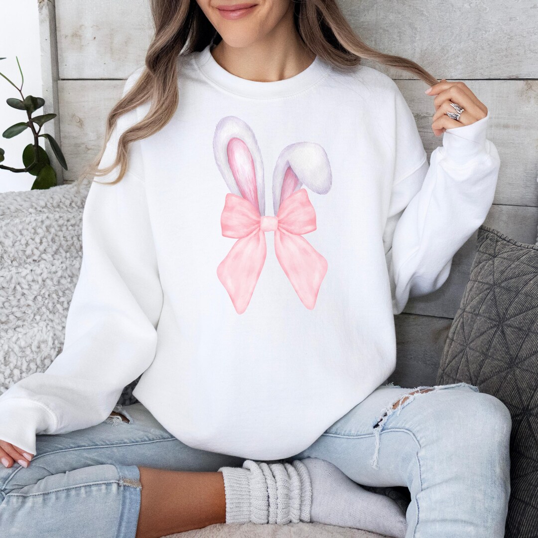 Bunny Ear Pink Bow Coquette Easter Sweatshirt, Y2K Retro Rabbit Sweater ...