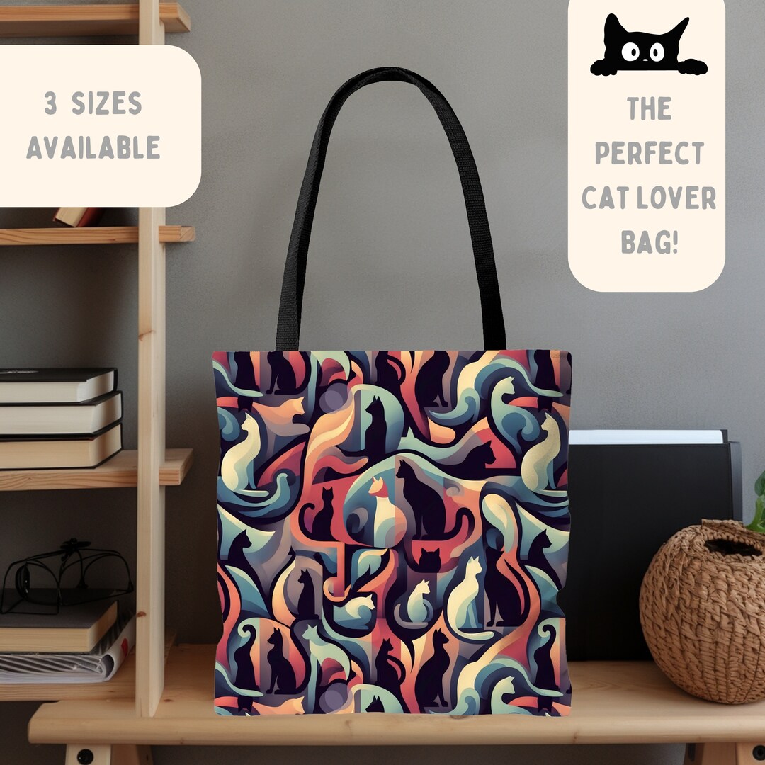 Cat Silhouette Canvas Tote Bag, Colorful AOP Shoulder Bag, Cat Lover ...
