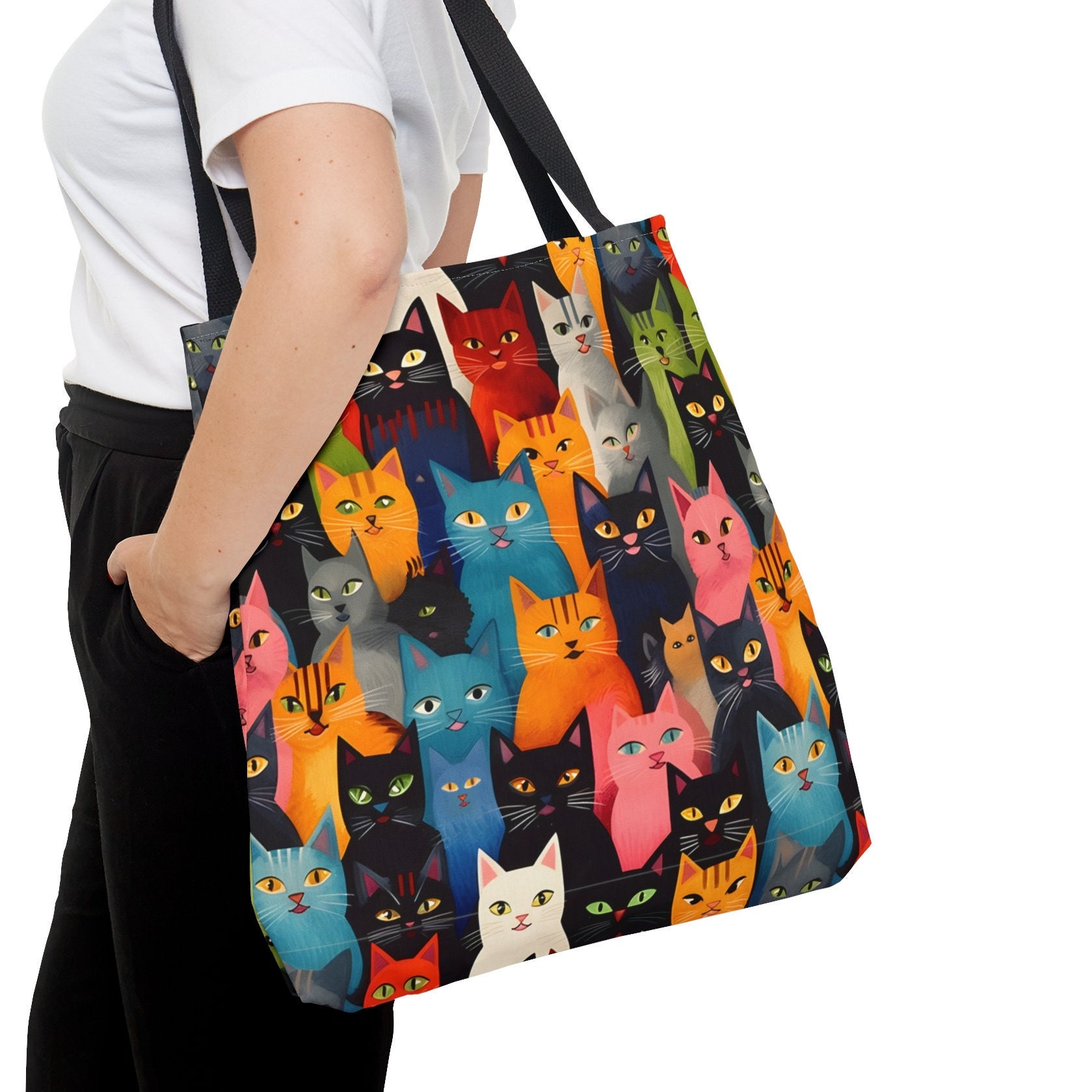 Cats Canvas Tote Bag, Colorful All Over Print Shoulder Bag, Cat Lovers Perfect Gift, Book ...