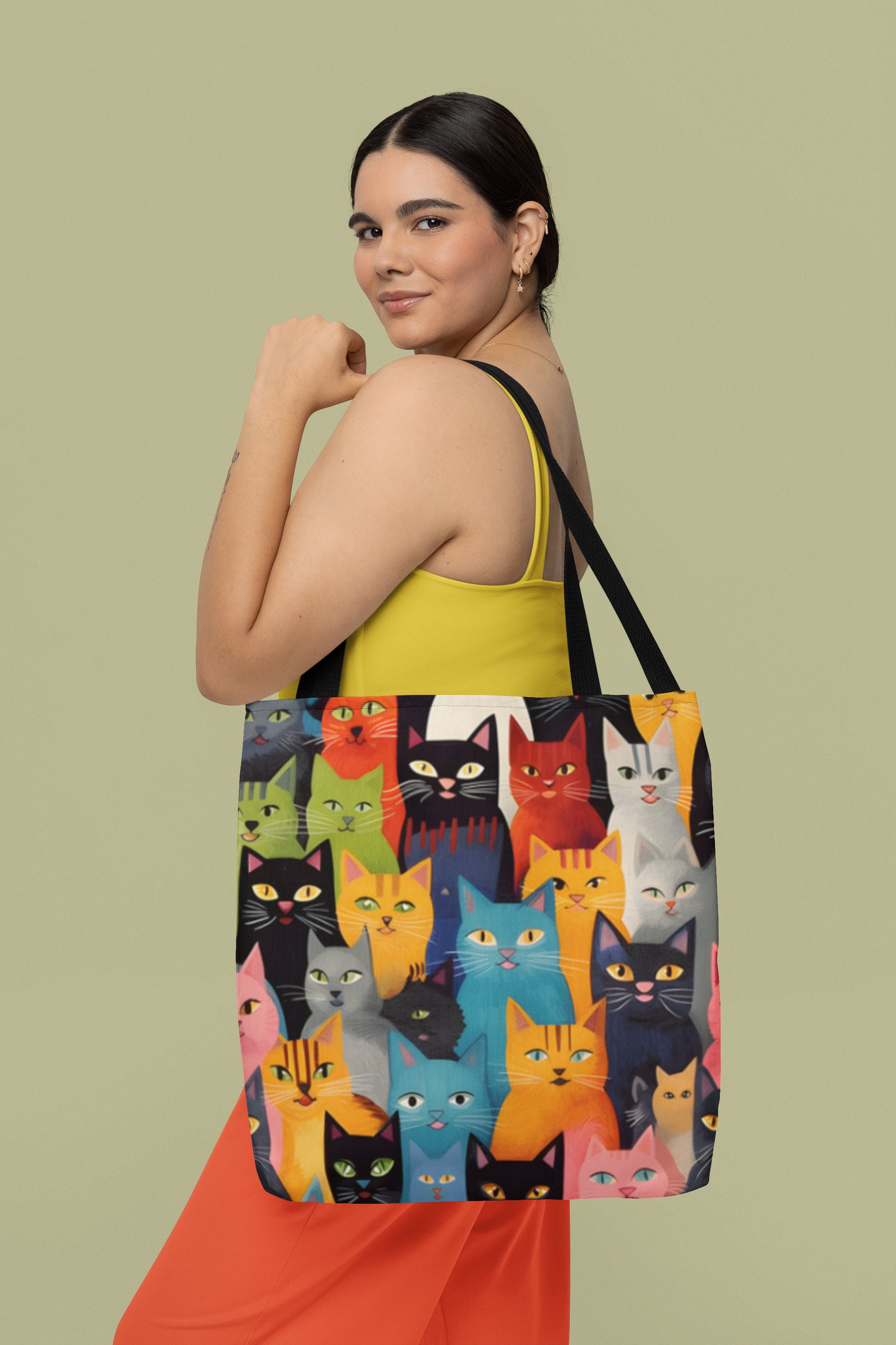 Cats Canvas Tote Bag, Colorful All Over Print Shoulder Bag, Cat Lovers ...