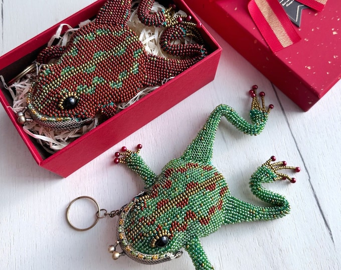 Knitted Beaded Keychain Braided Green Brown Purple Natural Beaded Frog ...