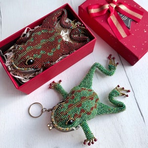 Knitted Beaded Keychain Braided Green Brown Purple Natural Beaded Frog ...