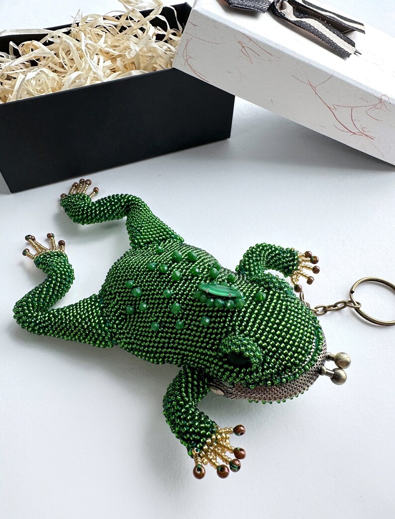 Knitted Beaded Keychain Braided Green Stone Black Eyes Natural Beaded ...