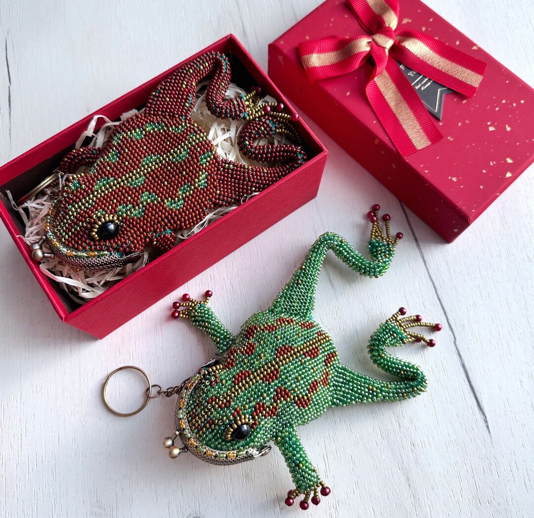 Knitted Beaded Keychain Braided Green Brown Purple Natural Beaded Frog ...