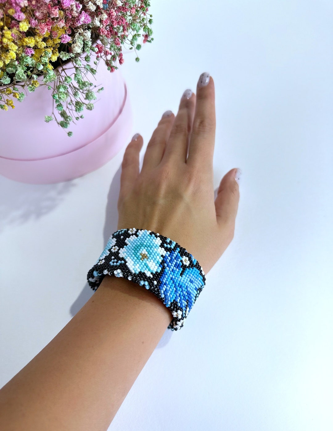 Wide Beaded Cuff for Women Beige Blue Woven Beaded Armband Ethnic ...
