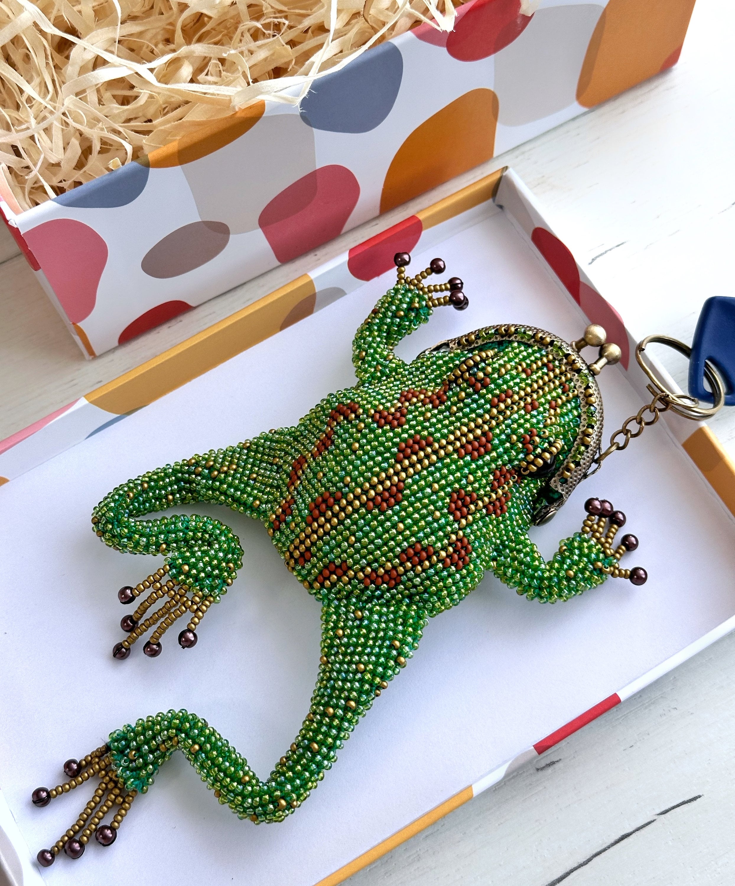 Knitted Beaded Keychain Braided Green Brown Purple Natural Beaded Frog ...