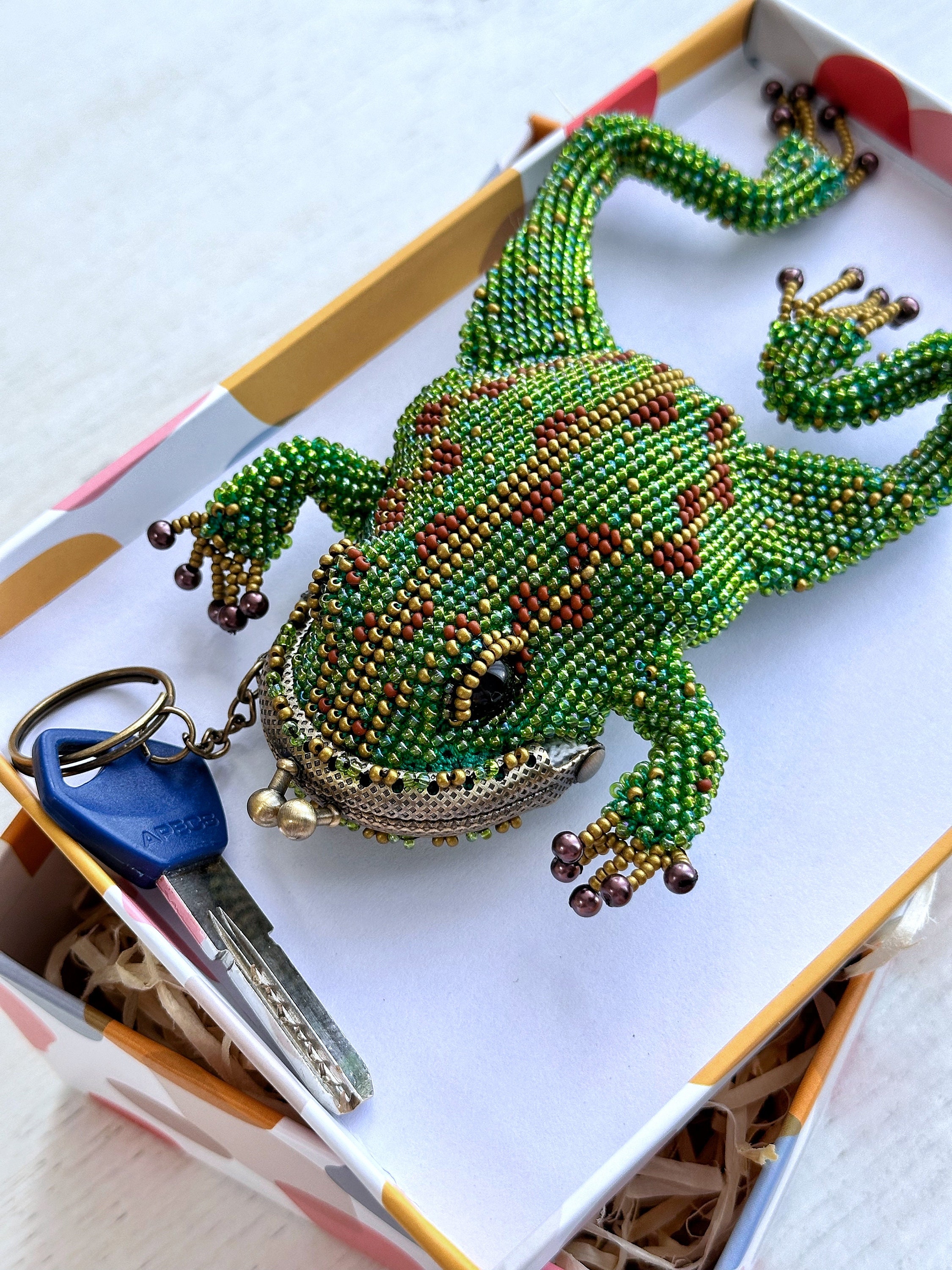 Knitted Beaded Keychain Braided Green Brown Natural Beaded Frog Cute ...
