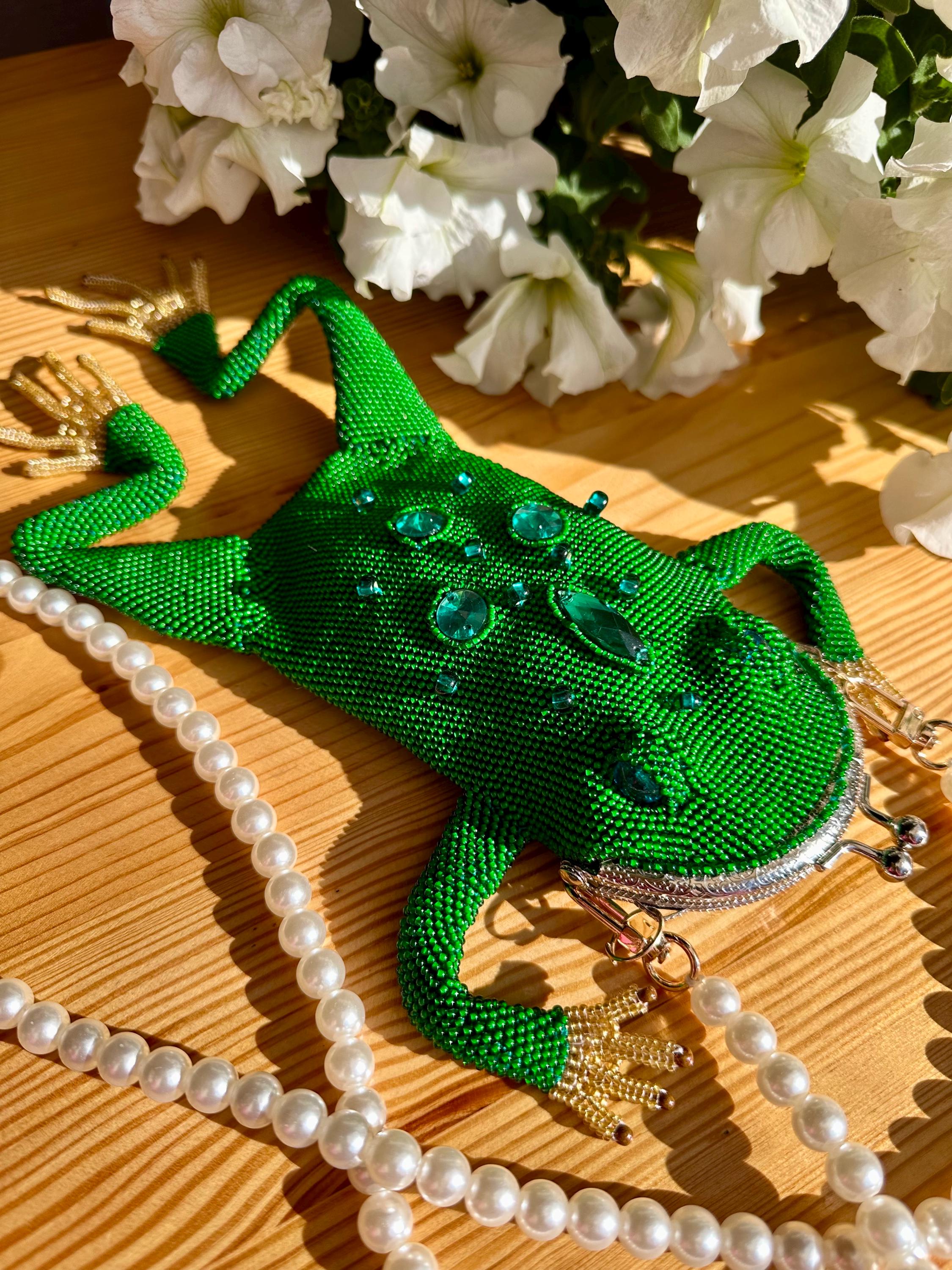 Knitted Beaded Keychain Braided Green Natural Beaded Big Frog Crochet ...